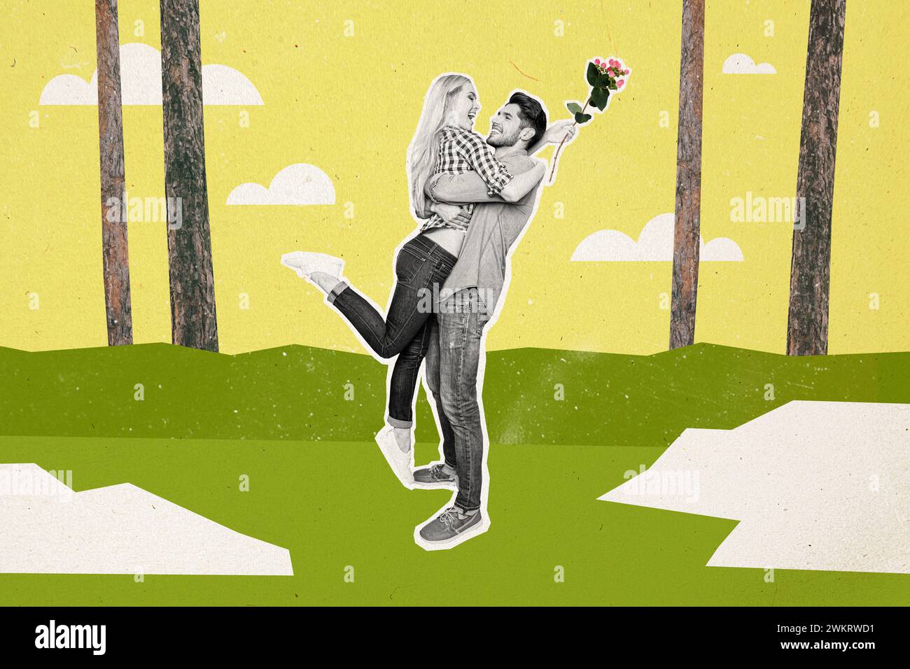 Collage picture of cheerful bonding people hugging enjoying romantic ...