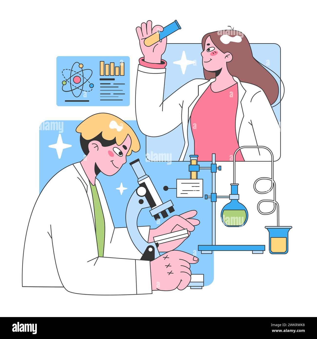 Laboratory research concept. Two scientists diligently analyzing ...