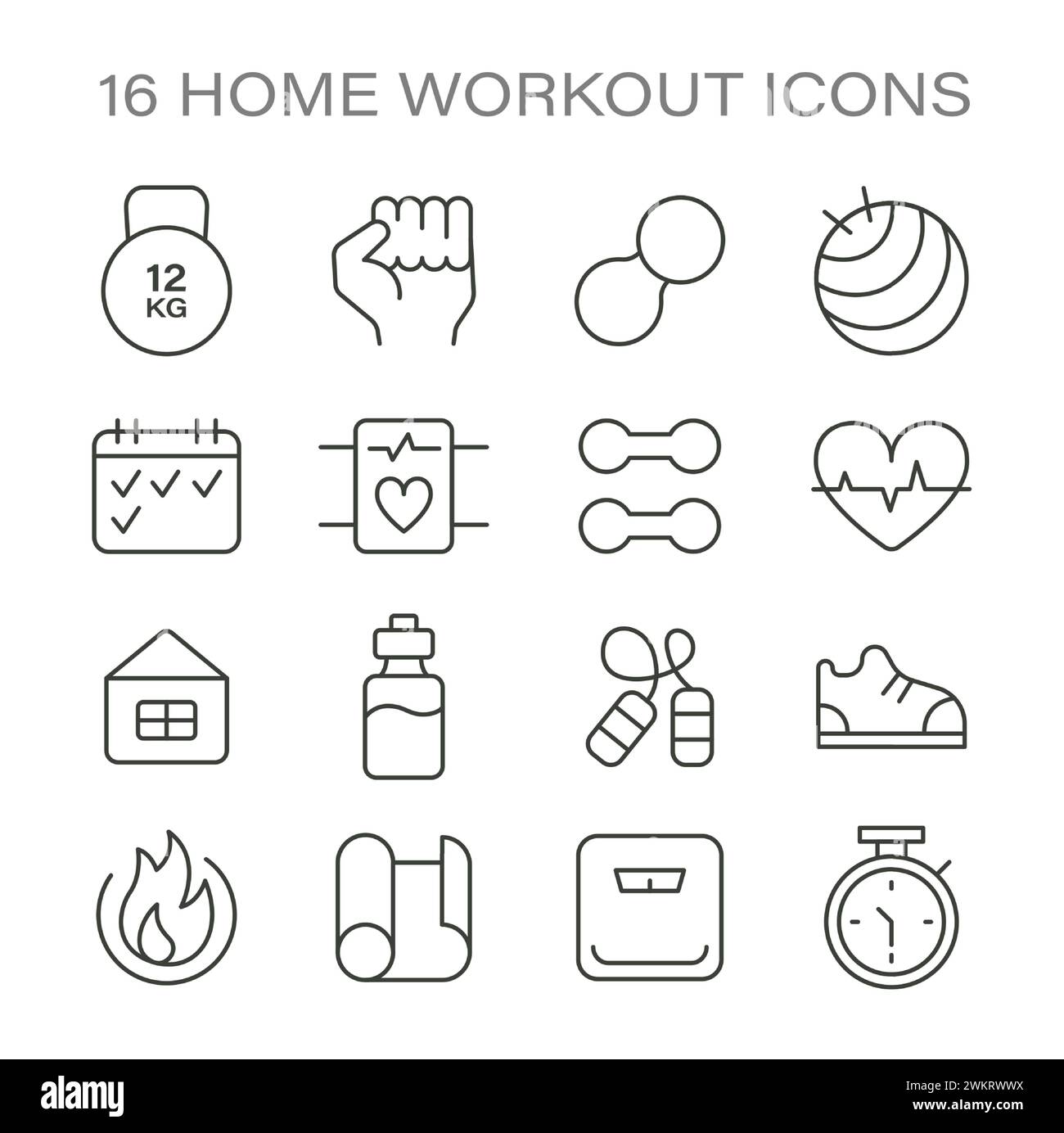 Essential Home Workout Icons set. Symbols represent key fitness ...