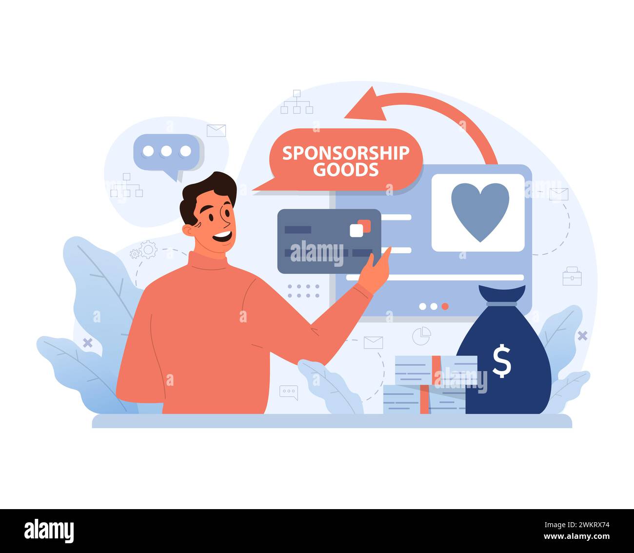 Enthusiastic man introducing sponsorship goods via digital platform ...