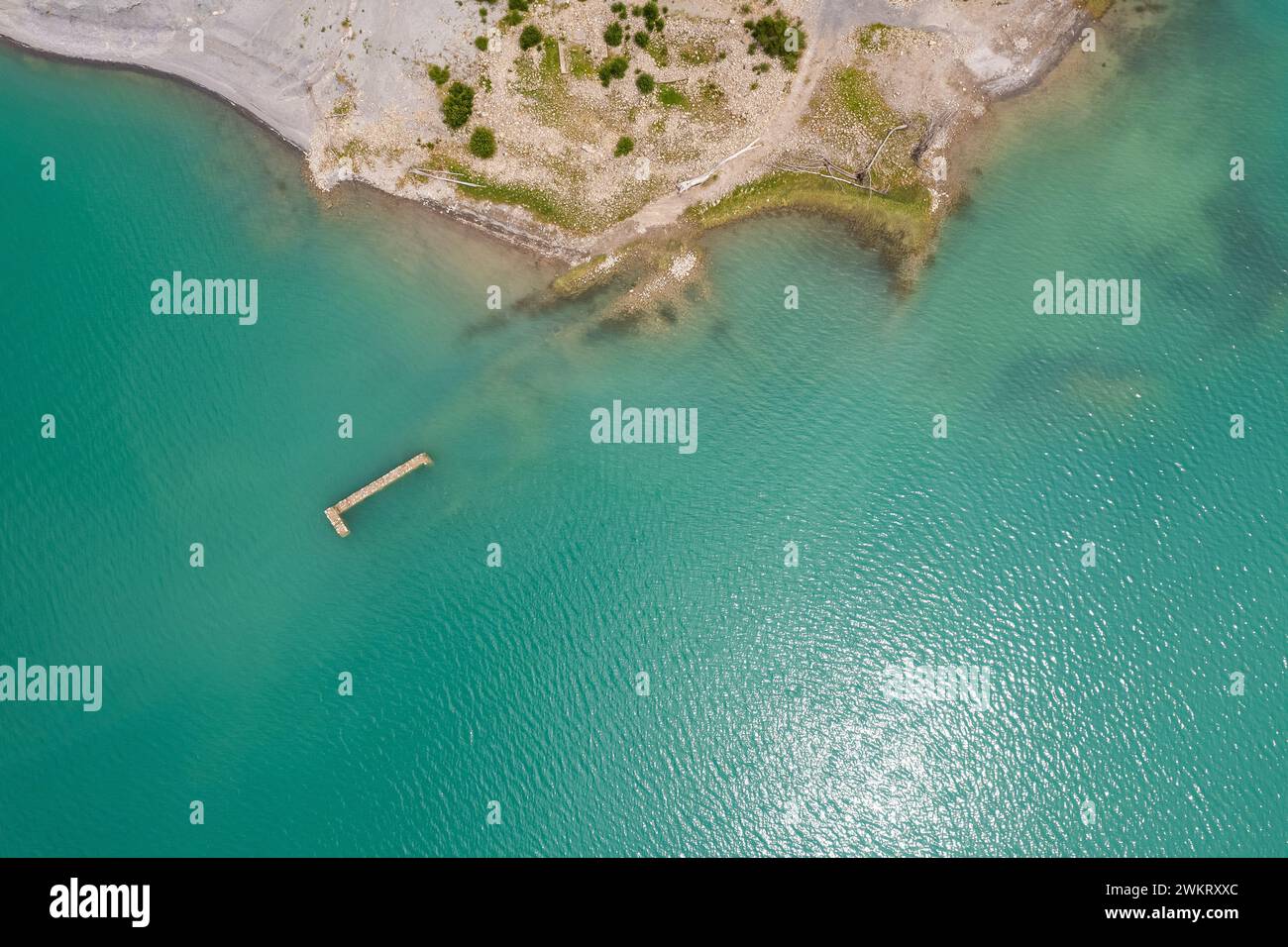 Aerial view of ruins of Roman bath on Yesa reservoir near Tiermas ...