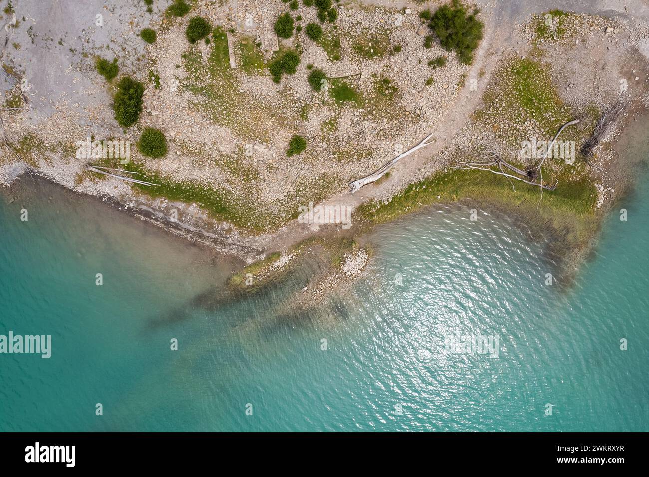 Aerial view of ruins of Roman bath on Yesa reservoir near Tiermas ...