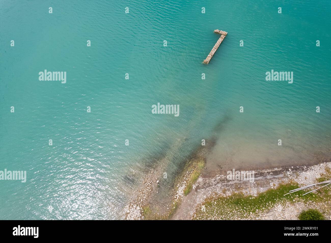 Aerial view of ruins of Roman bath on Yesa reservoir near Tiermas ...