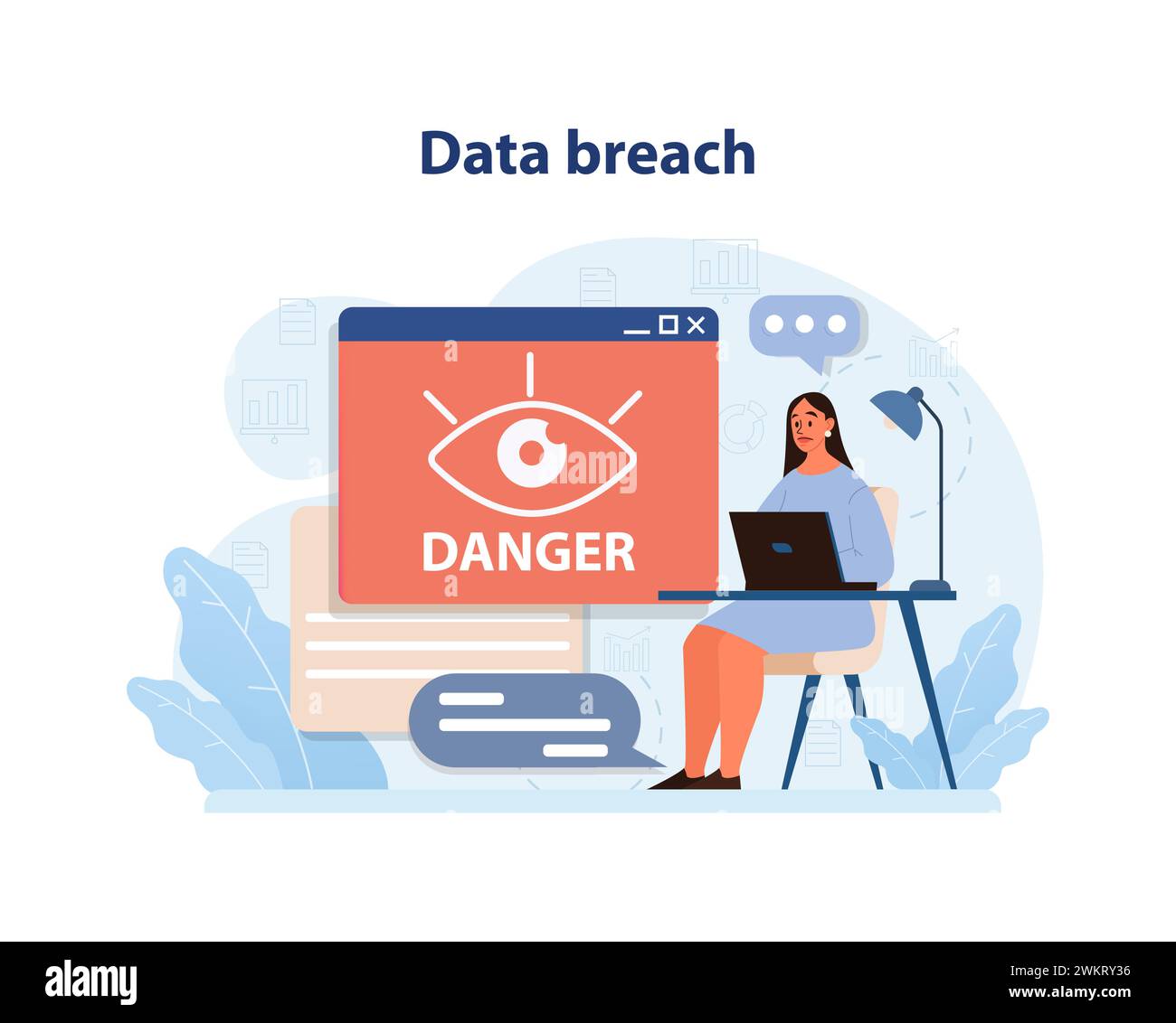 Data breach concept. A concerned woman at her desk faces a computer ...