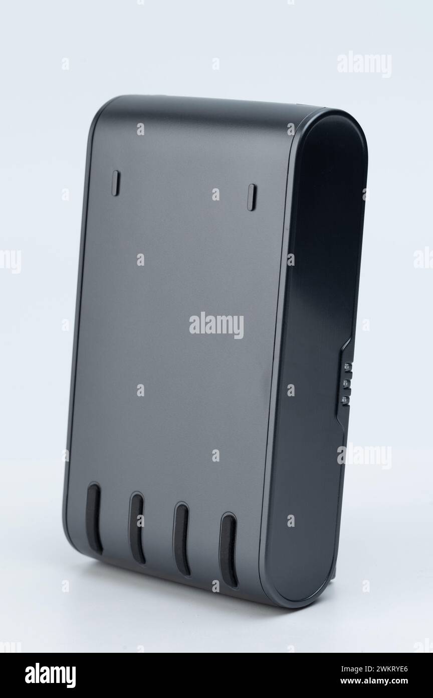 Grey electric battery perspective view isolated on white studio ...