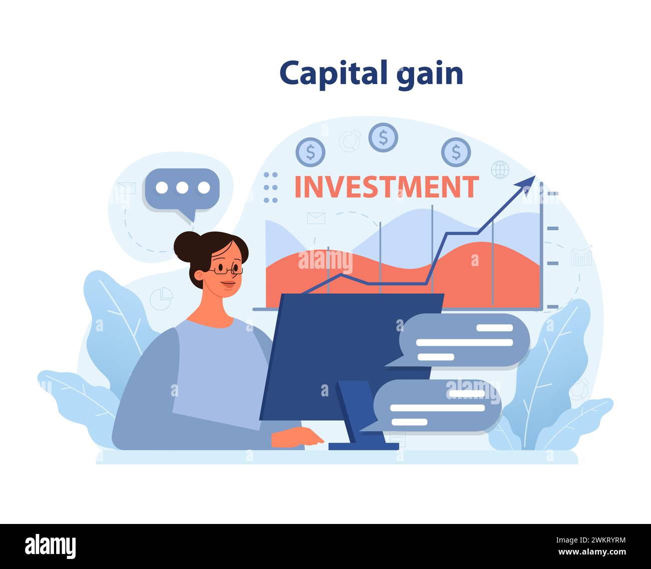 Capital gain concept. Confident investor observes rising graph ...