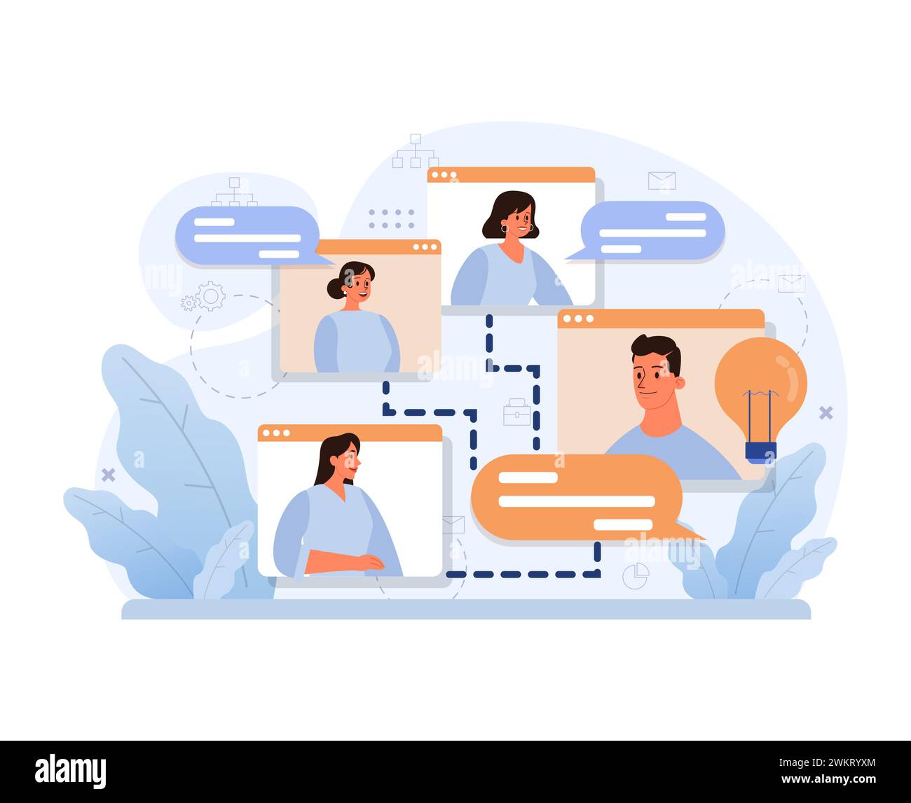 Team collaboration in divergent thinking. Professionals connect online ...