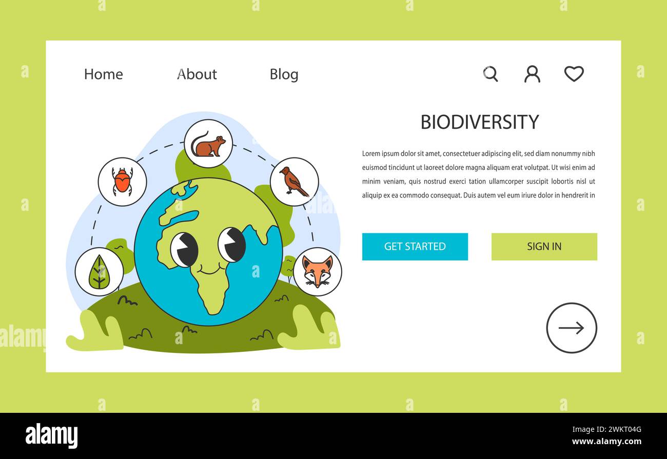 Biodiversity web banner or landing page. Planet Earth retro cartoon ...