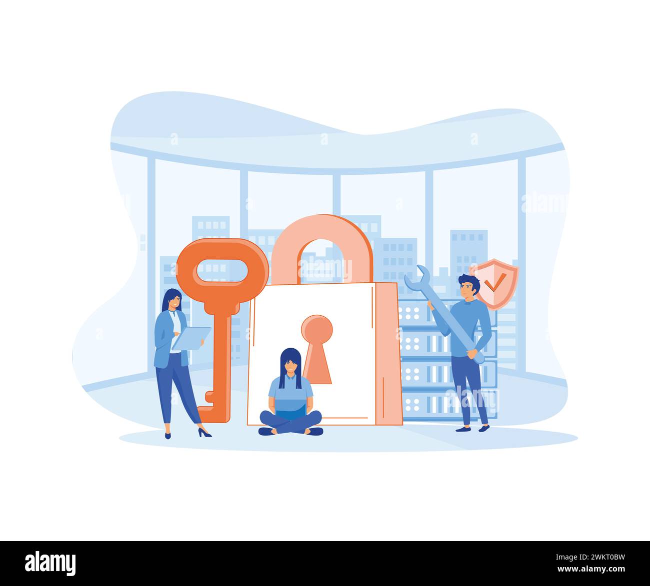 Database security. Business people holding a key and lock. Personal ...