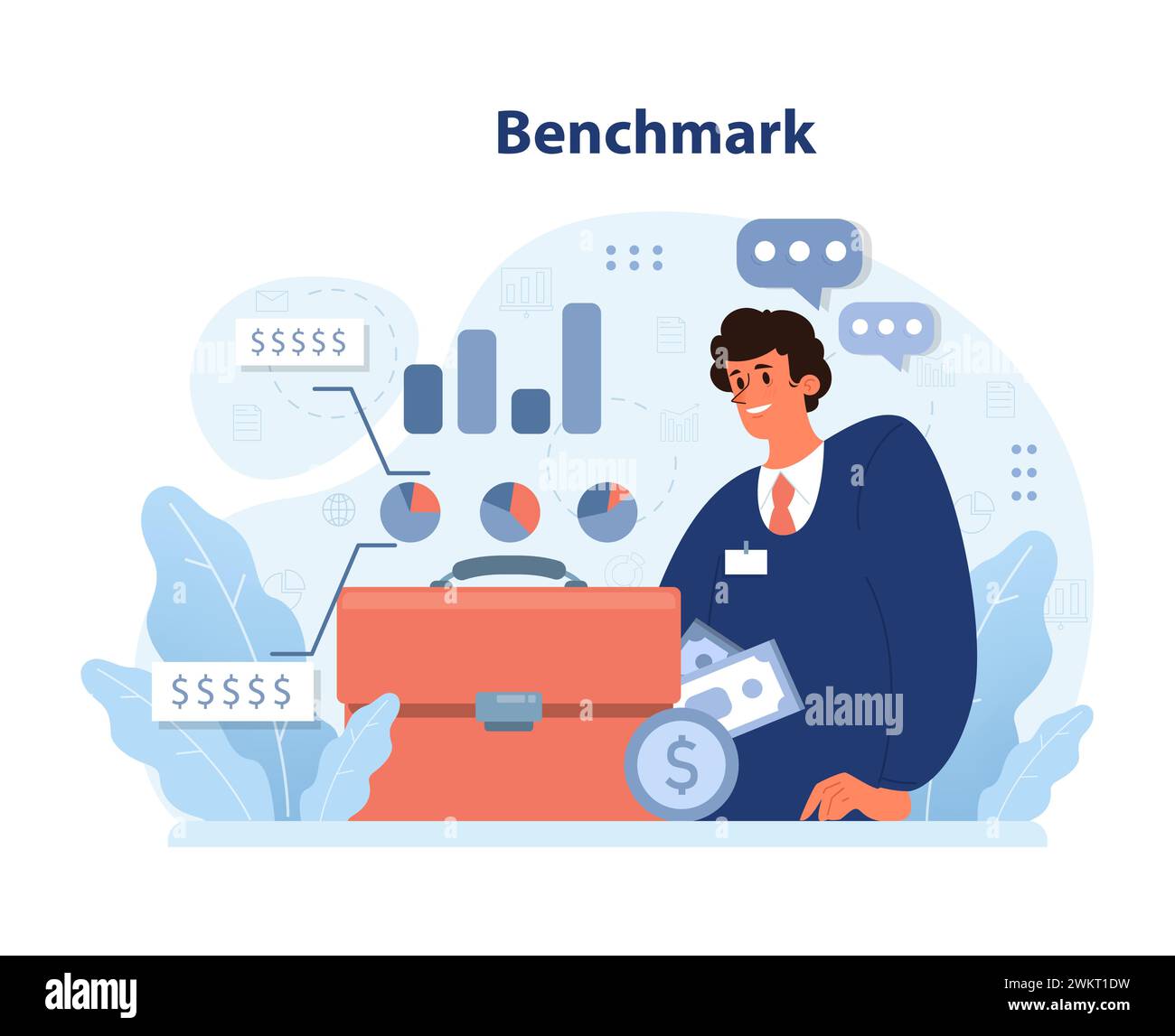 Benchmark concept. Confident businessman analyzes financial growth from ...