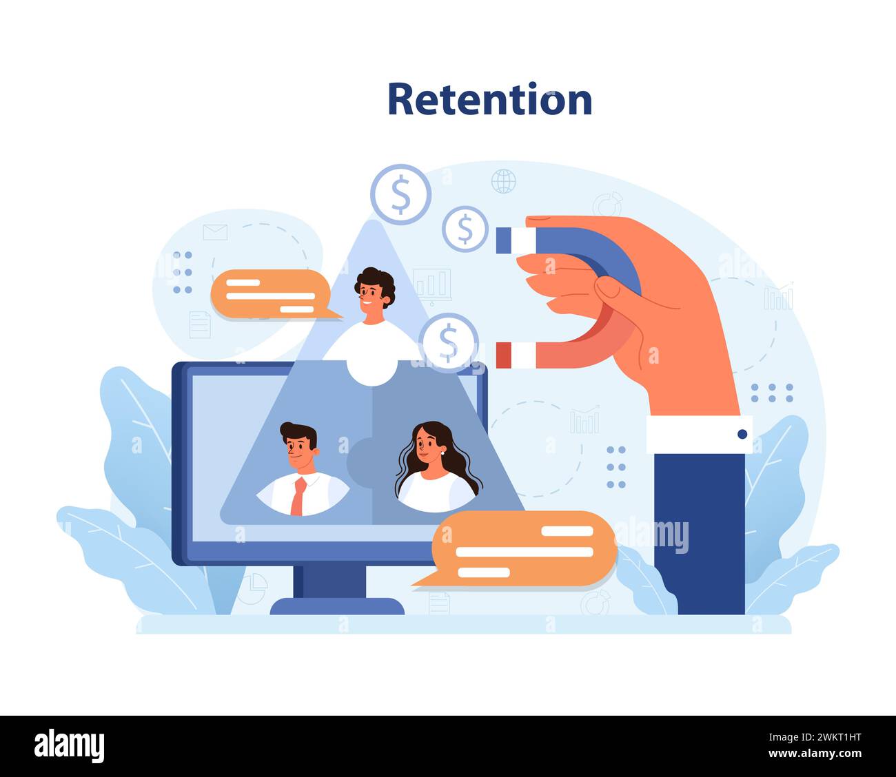 Retention strategy concept. A large hand magnetically attracts and ...