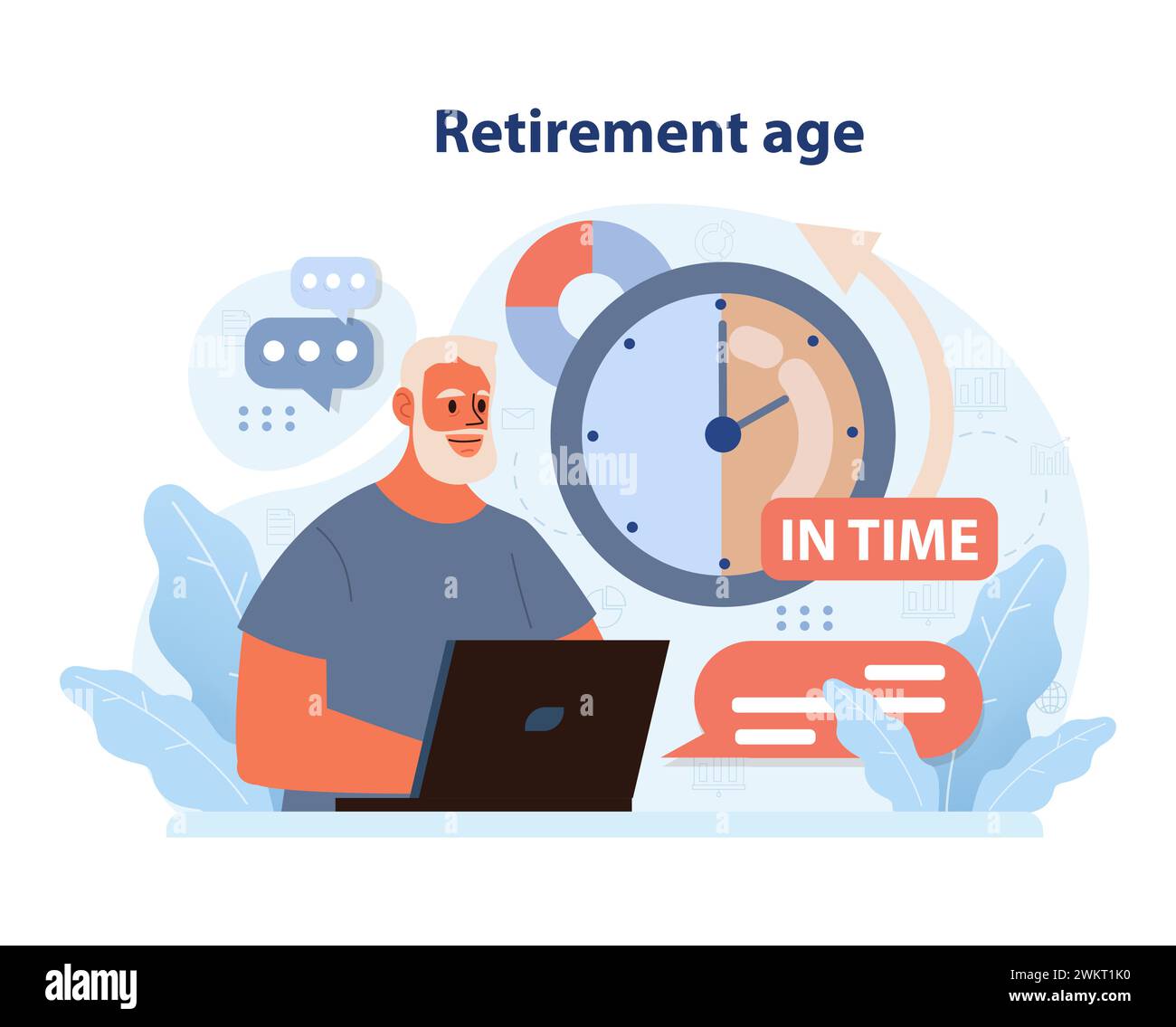 Retirement age concept. Elderly man with laptop amidst time clock ...