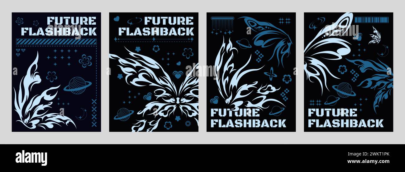 Y2k retro poster design template with grey tribal abstract graphic ...