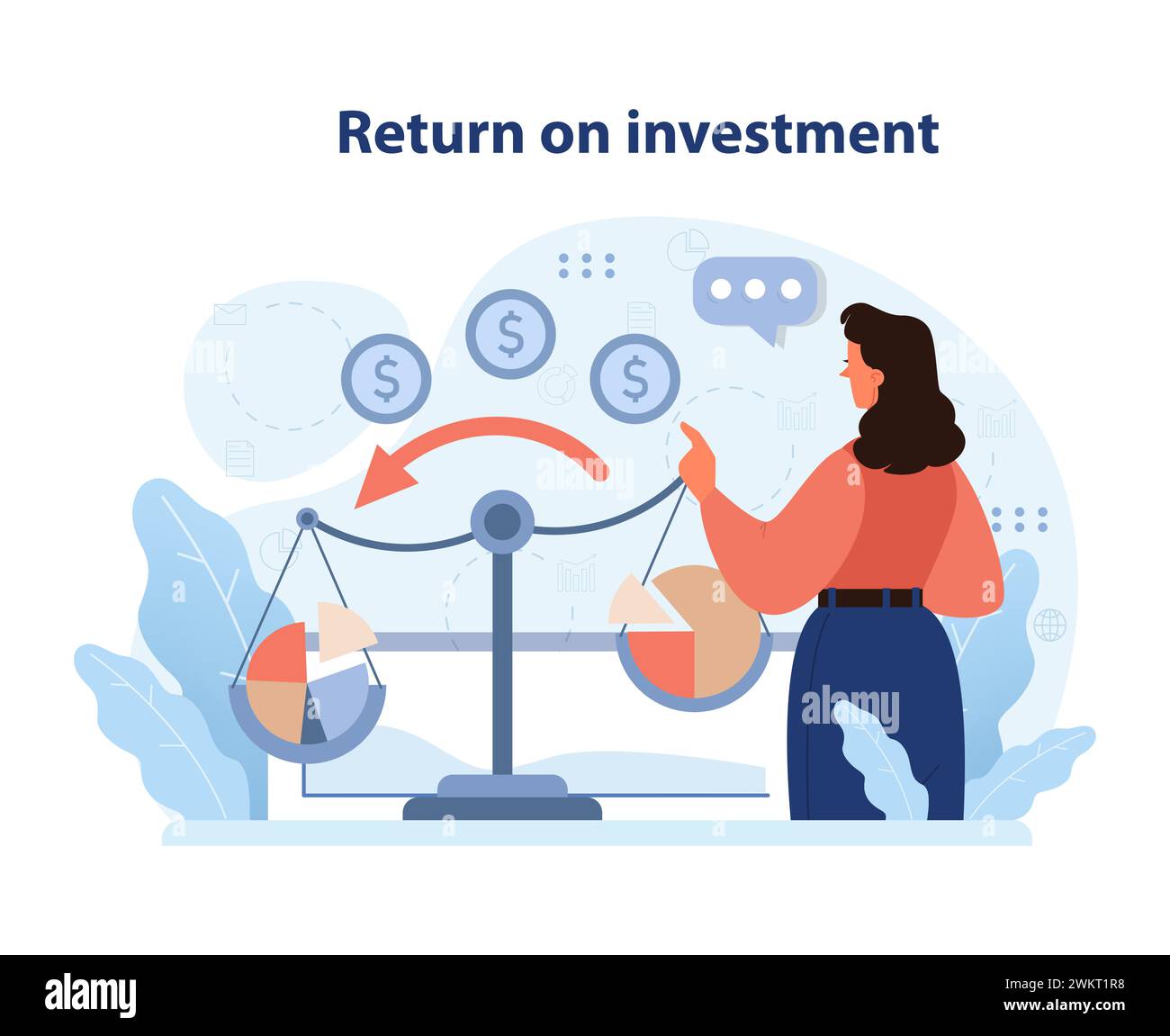 Return on investment concept. Woman evaluates profit balance, measuring ...