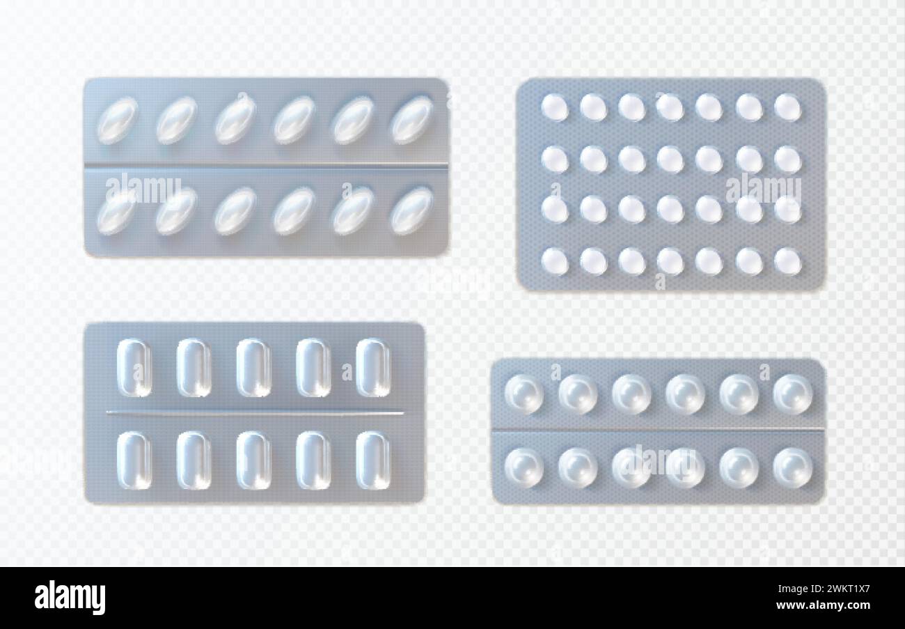 Pills and capsules in foil blister pack mockup. Realistic vector ...