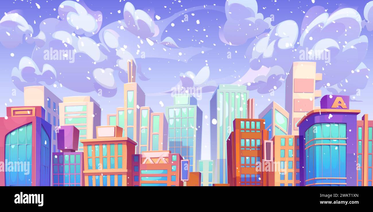 Snowfall in modern city. Vector cartoon illustration of snow falling on ...