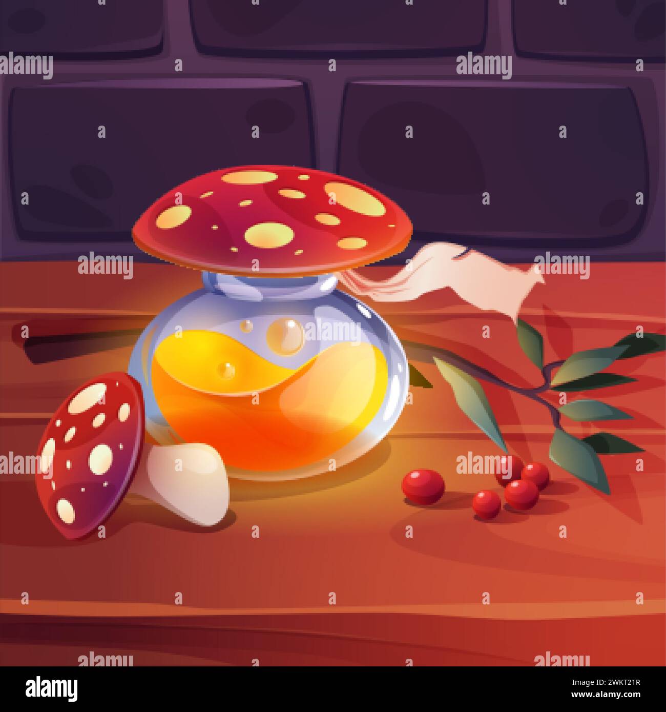 Magic mushroom potion on wooden table in ancient alchemy lab. Vector ...