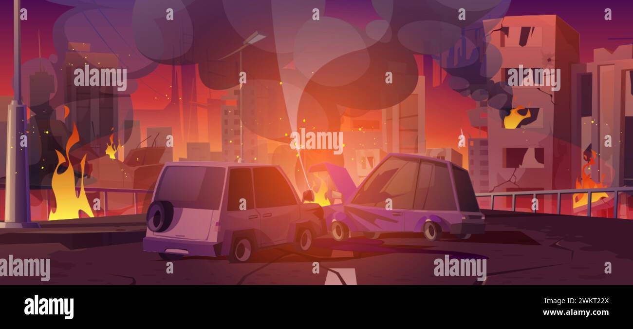Car crash on street of city at war. Vector cartoon illustration of ...