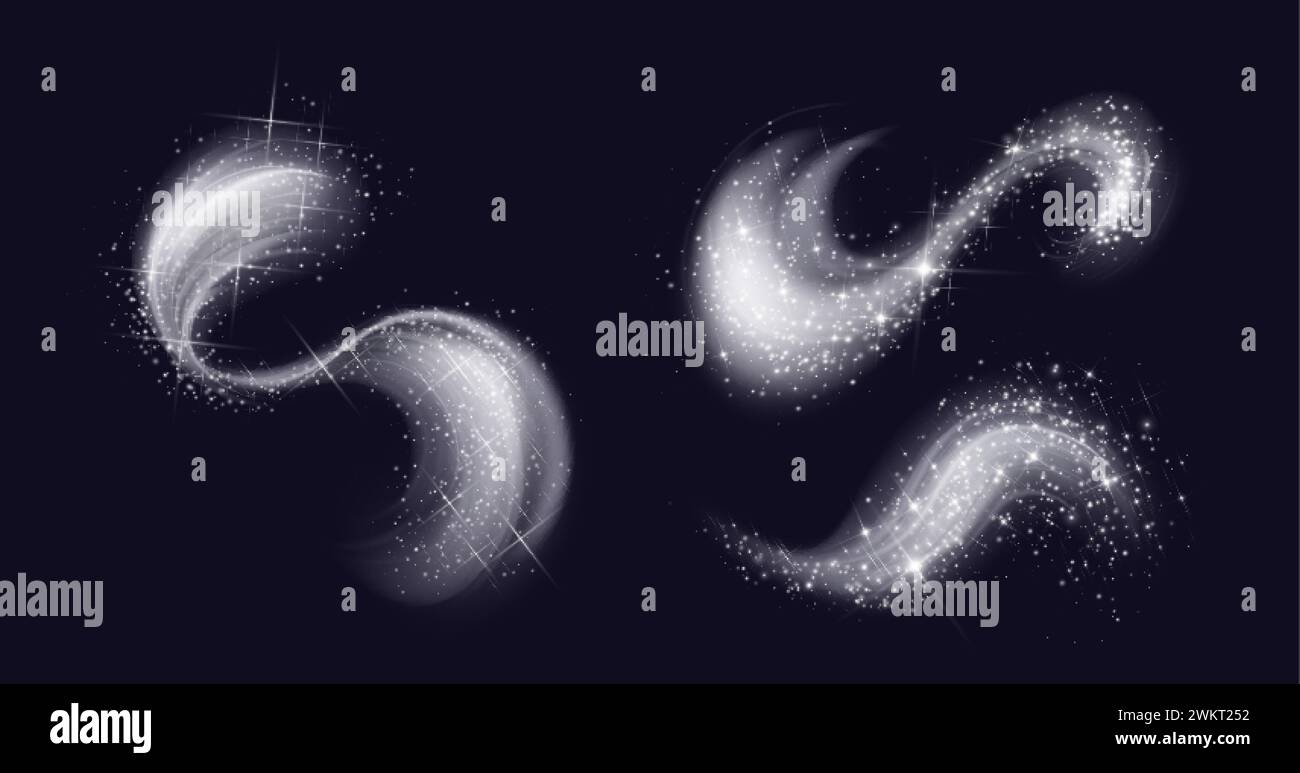 Shimmering white swirls set isolated on black background. Vector ...