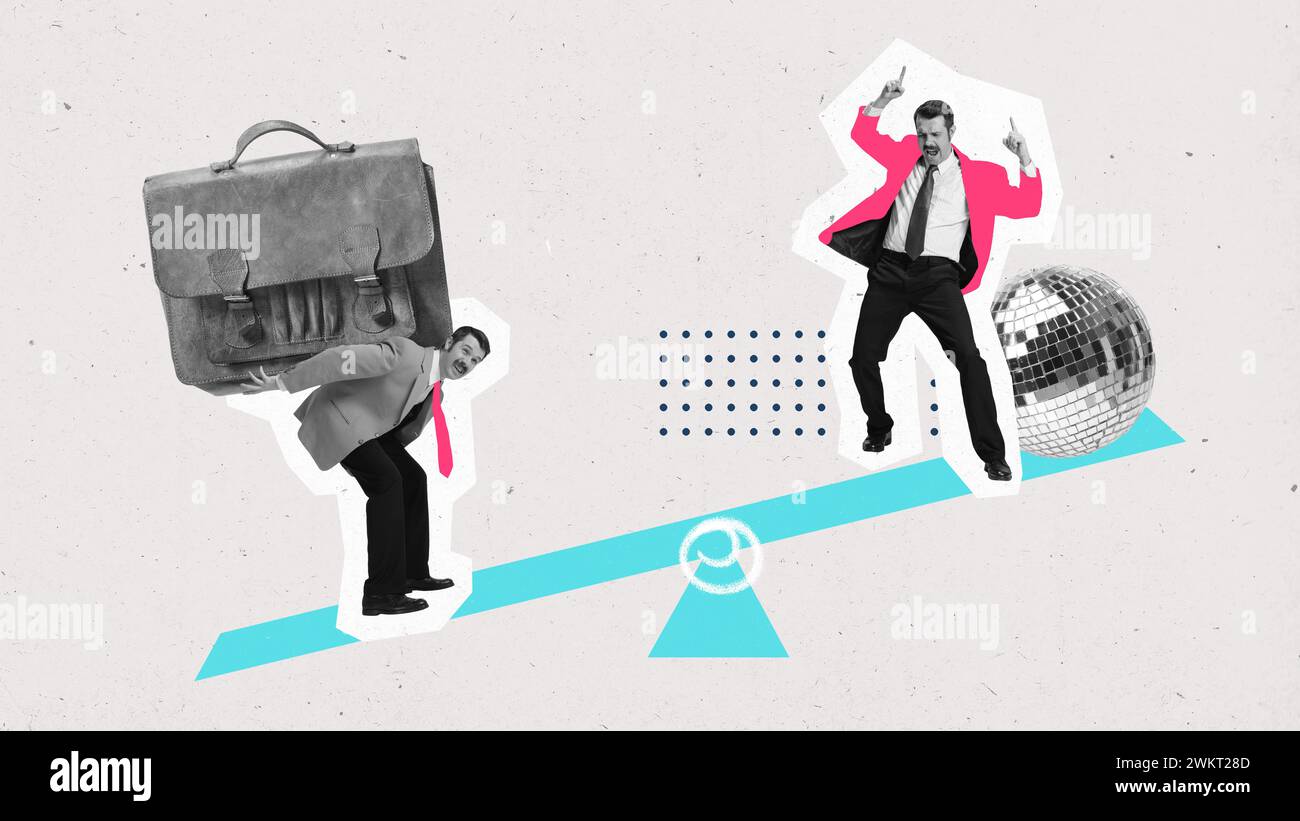 Poster. Contemporary art collage. Scales with one men on two sides who ...
