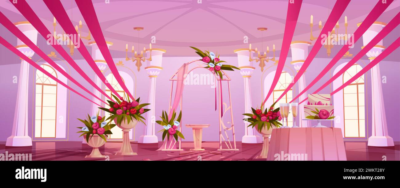 Wedding ceremony setup with arch draped with ribbons and decorated with ...