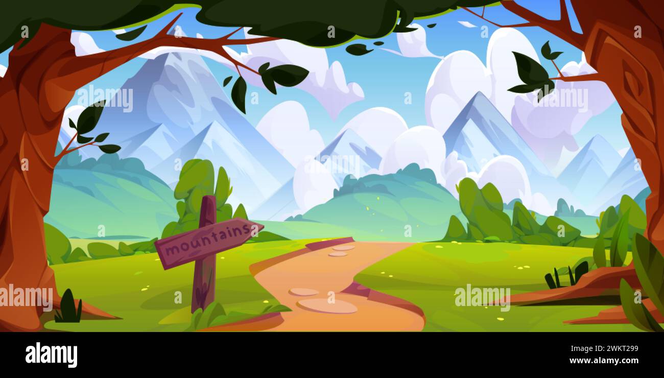 Outgoing path from forest to mountains. Cartoon vector summer landscape ...