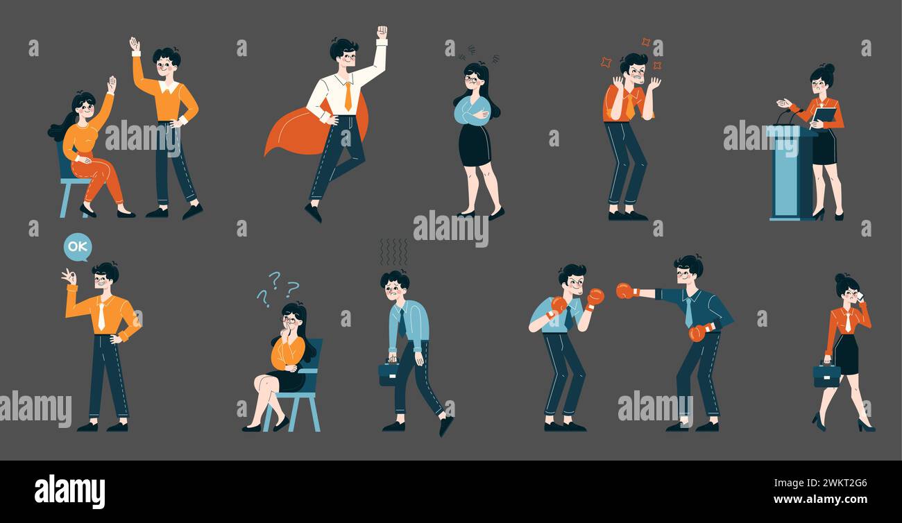 Office Dynamics set. Diverse workplace actions from collaboration to conflict resolution ...