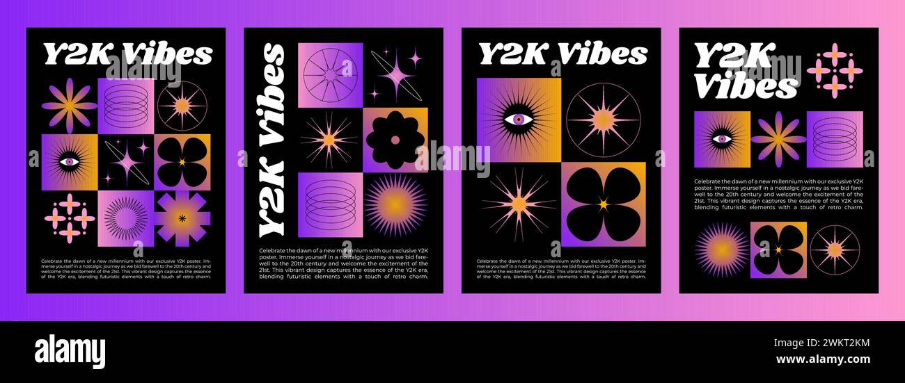 Set of y2k groovy black and purple posters. Vector realistic ...
