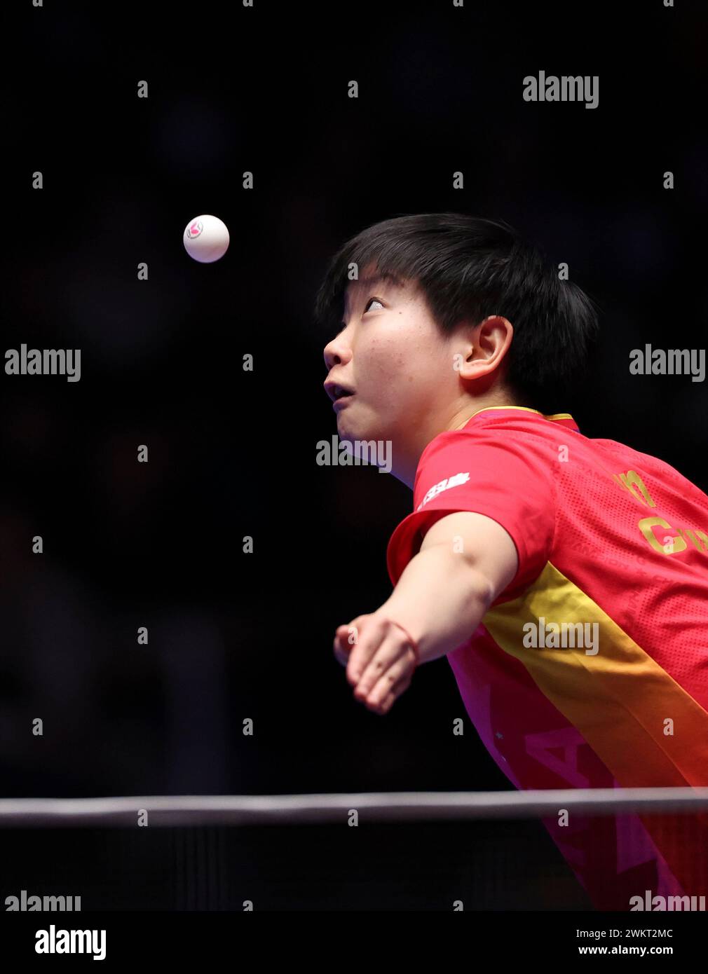 Busan, South Korea. 22nd Feb, 2024. Sun Yingsha of China serves while competing against Lee Zion ...