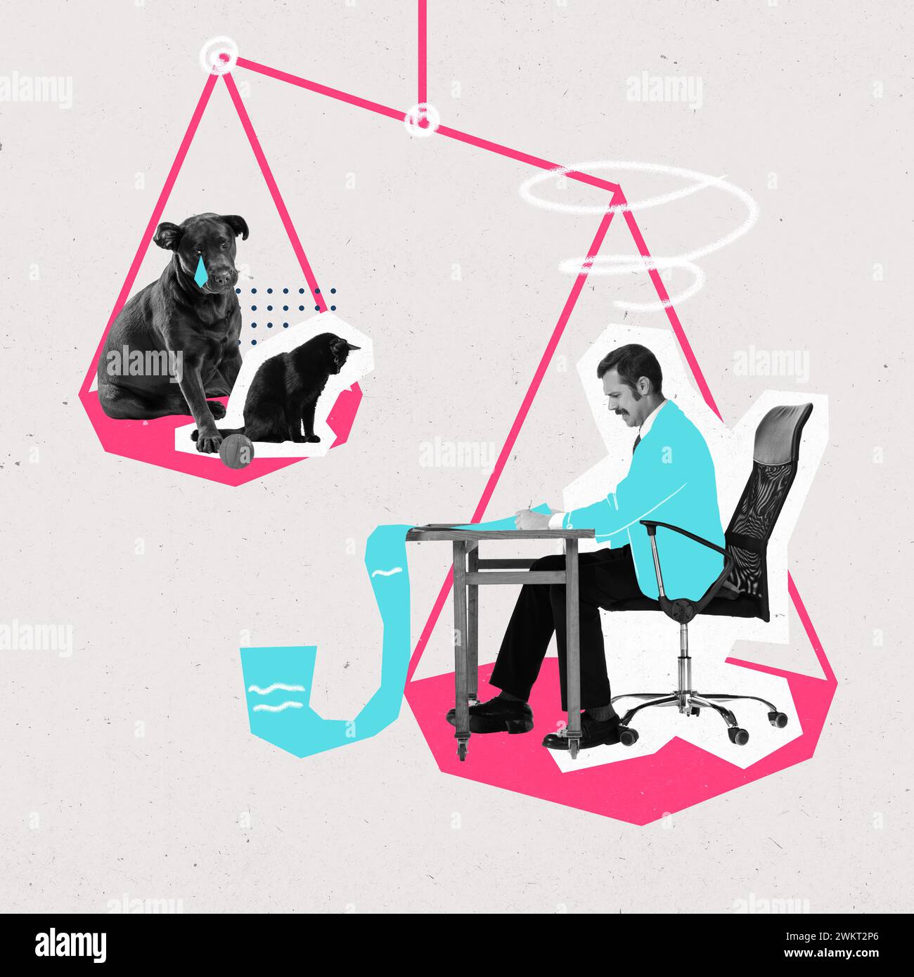 Poster. Contemporary art collage. Man hard working at desk on one side ...