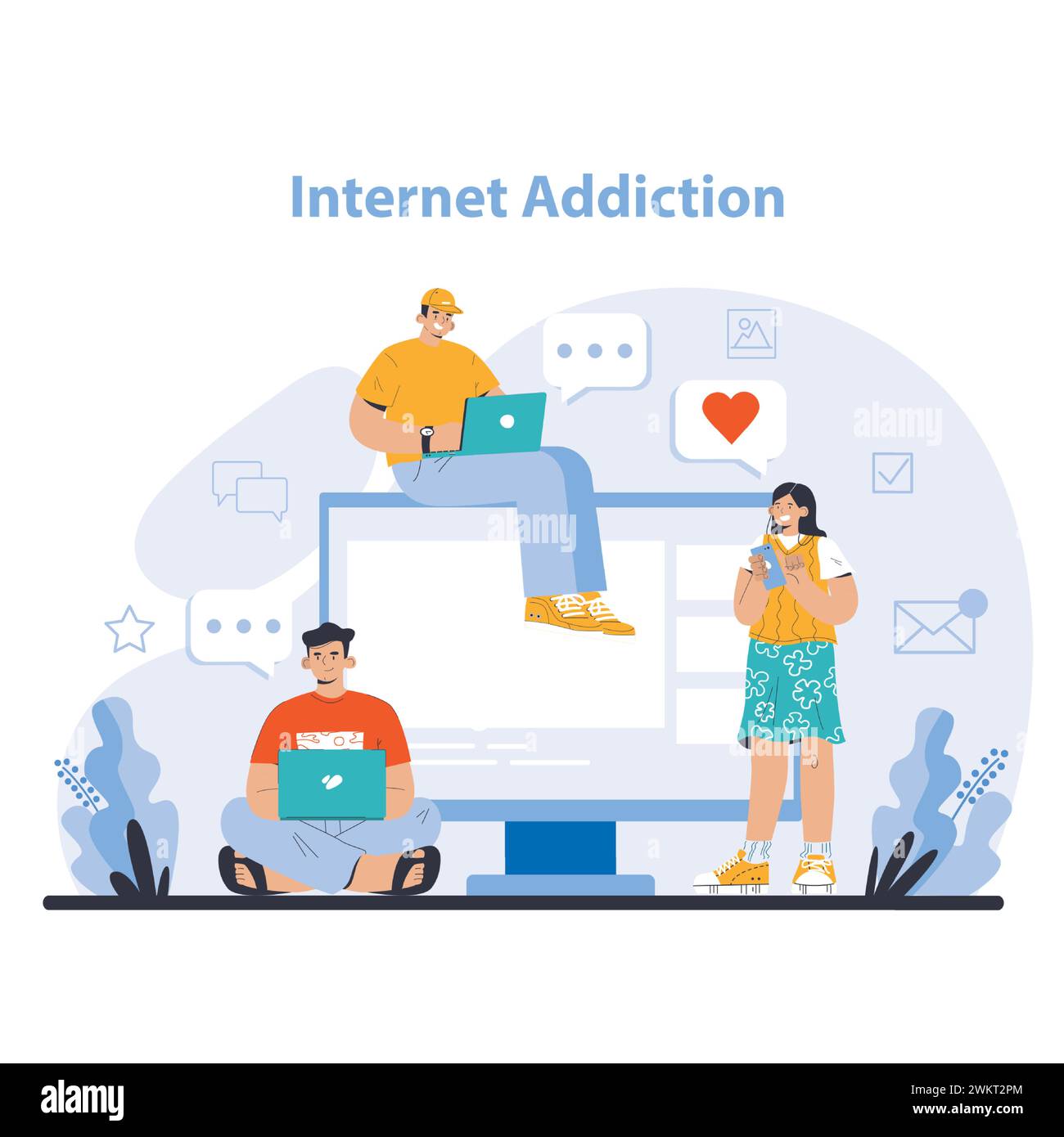 Internet addiction concept. A colorful portrayal of individuals ...