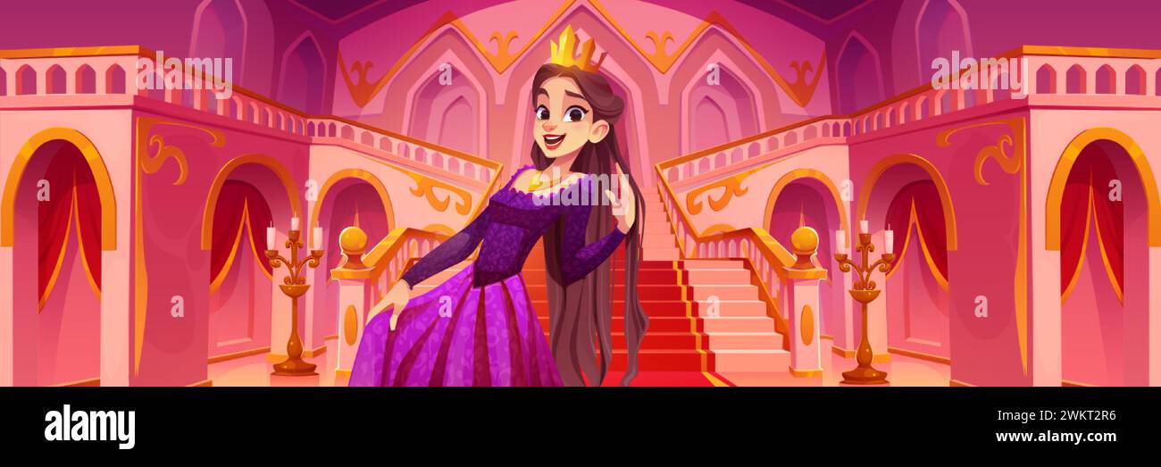 Princess girl with long brown hair and crown in castle hall with stairs ...