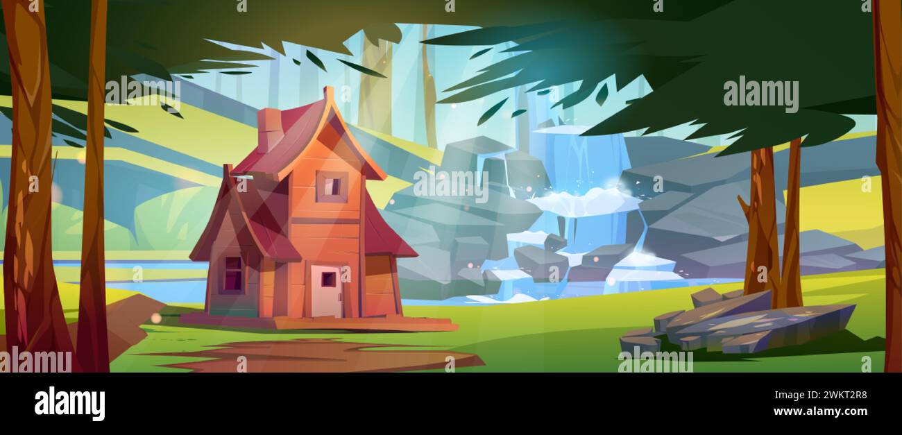 Wooden house in forest on shore of river with cascade waterfall ...