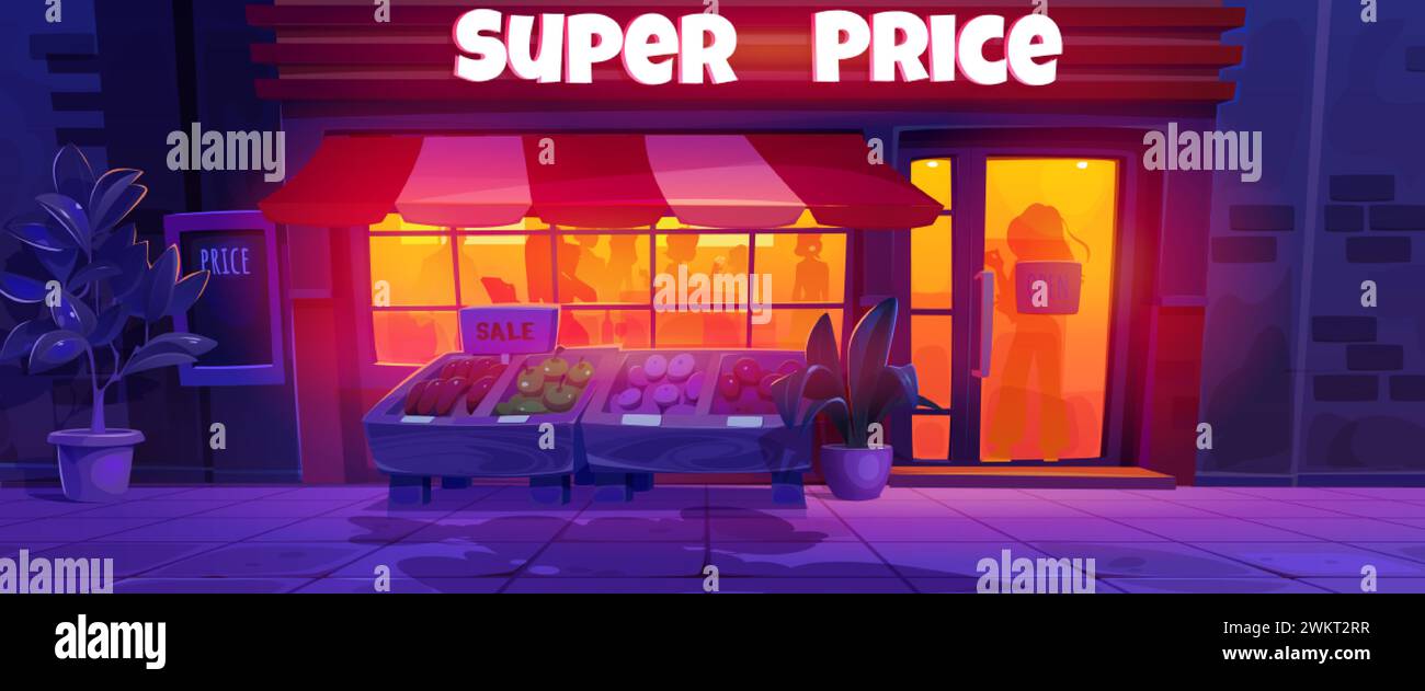 Grocery store at night with lamp light from big glass windows and door ...