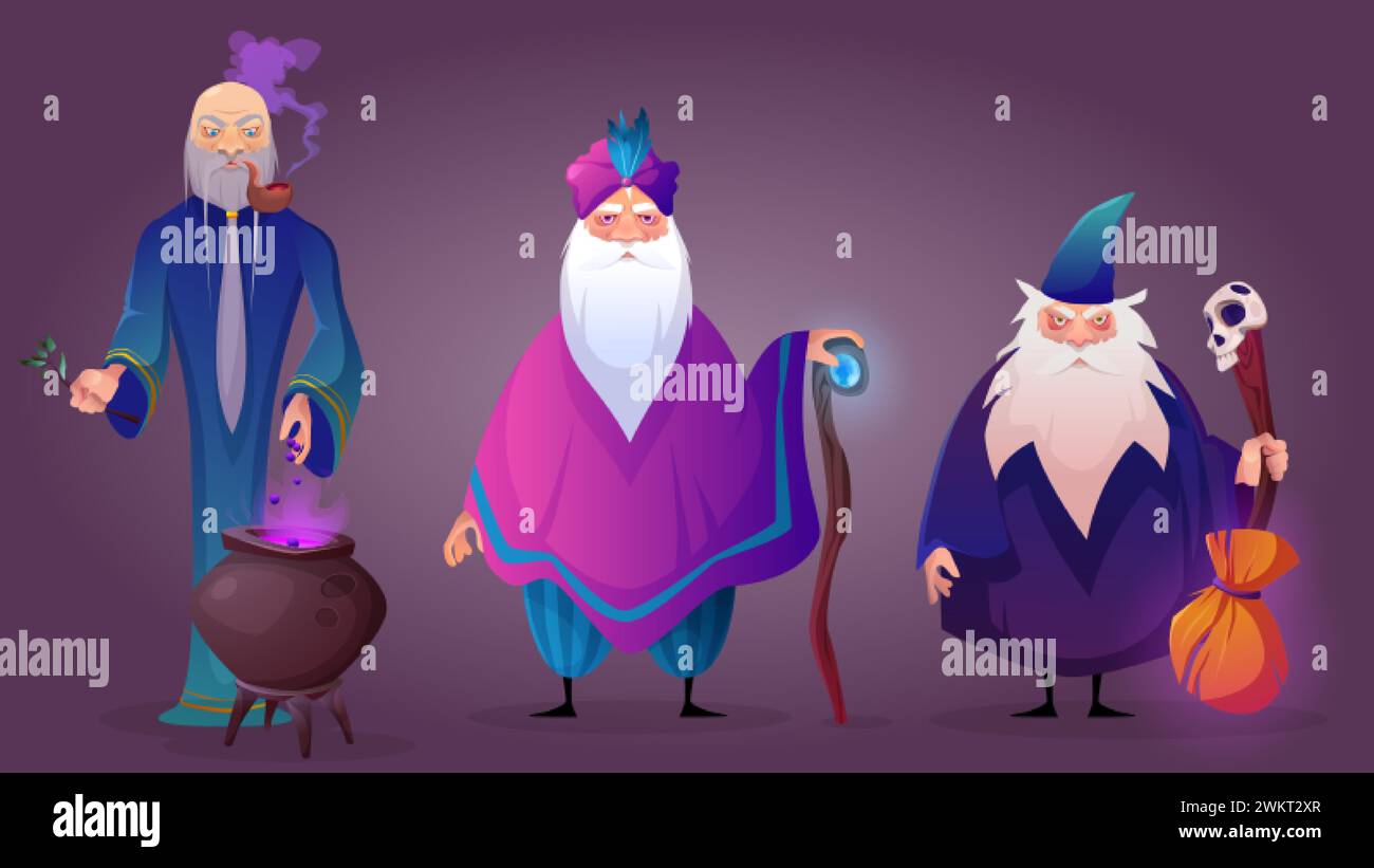 Old wizard cartoon character with magic stuff. Vector illustration set ...