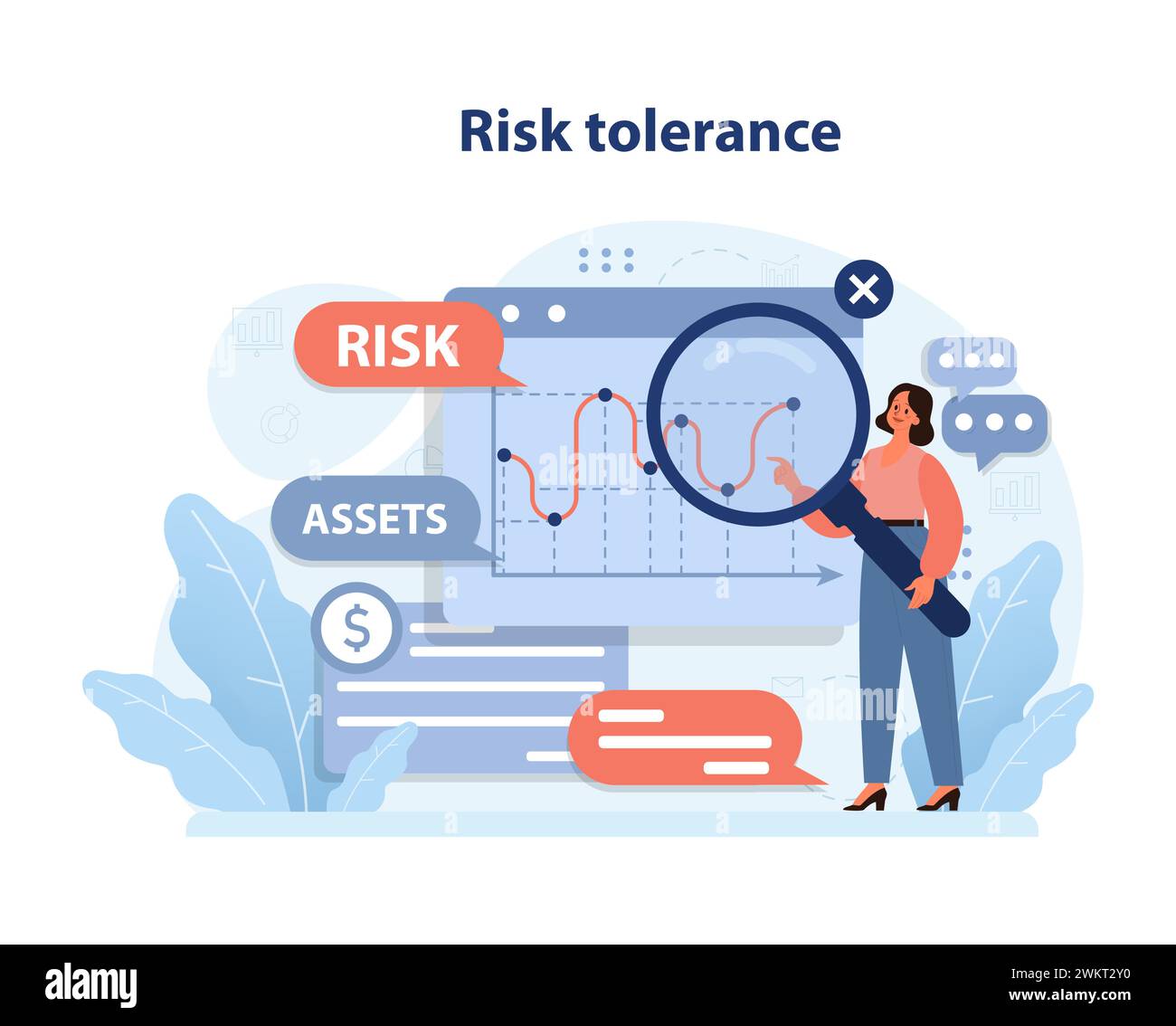 Risk tolerance concept. Woman analyzes financial graph, evaluating ...