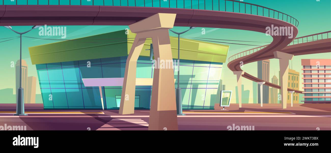 Modern city building and flyover road. Vector cartoon illustration of ...