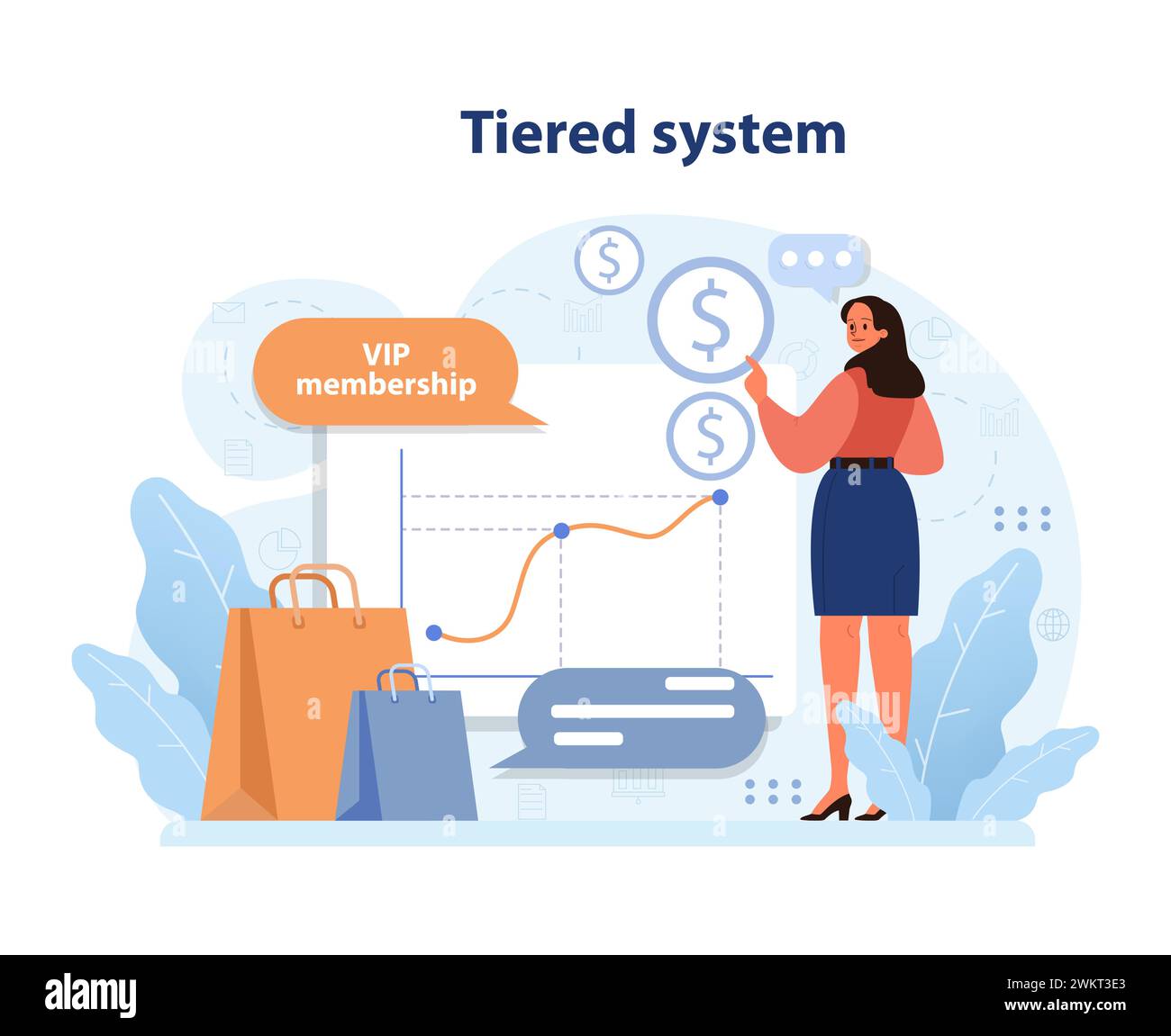 Tiered system concept. Woman analyzes financial growth, aiming for VIP ...