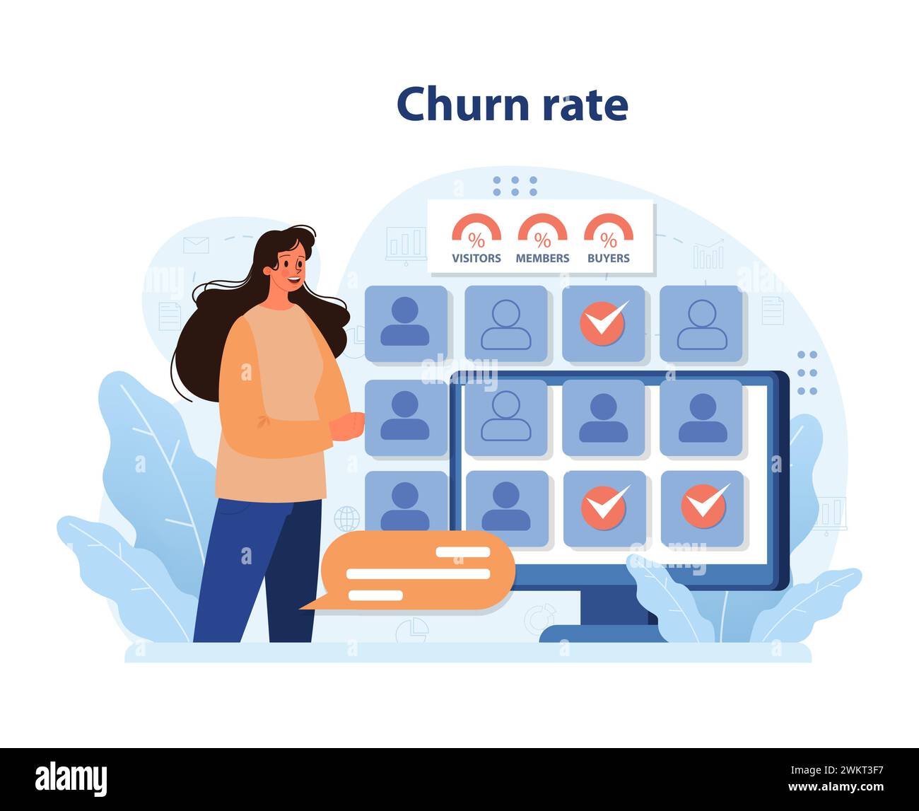 Churn rate analytics showcased. Woman reviews user classifications on a ...