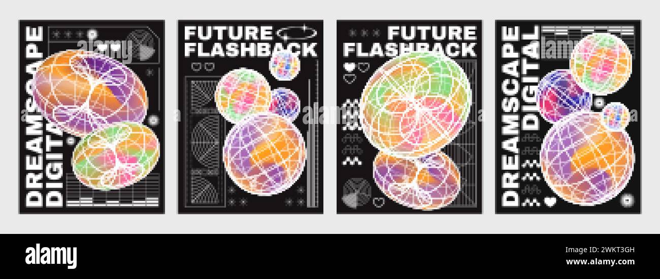 Y2k retro style poster and cover design template with wireframe circle ...