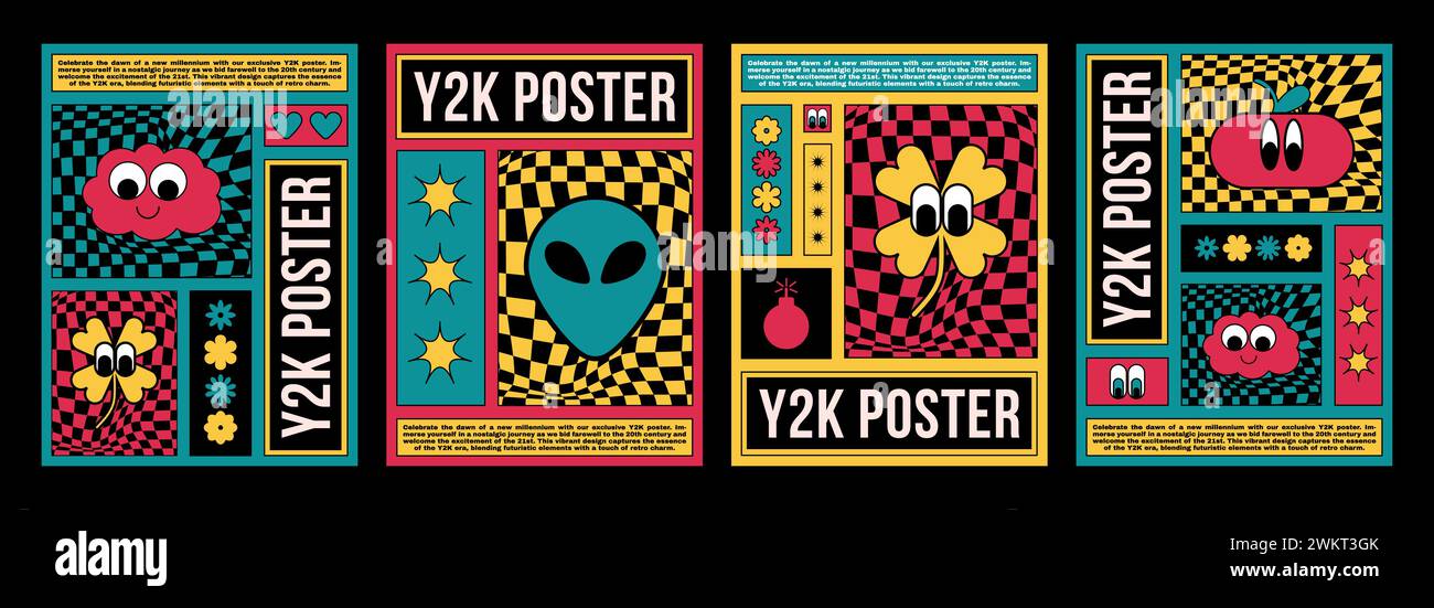 Y2k poster design template with bright abstract simple groovy sticker ...