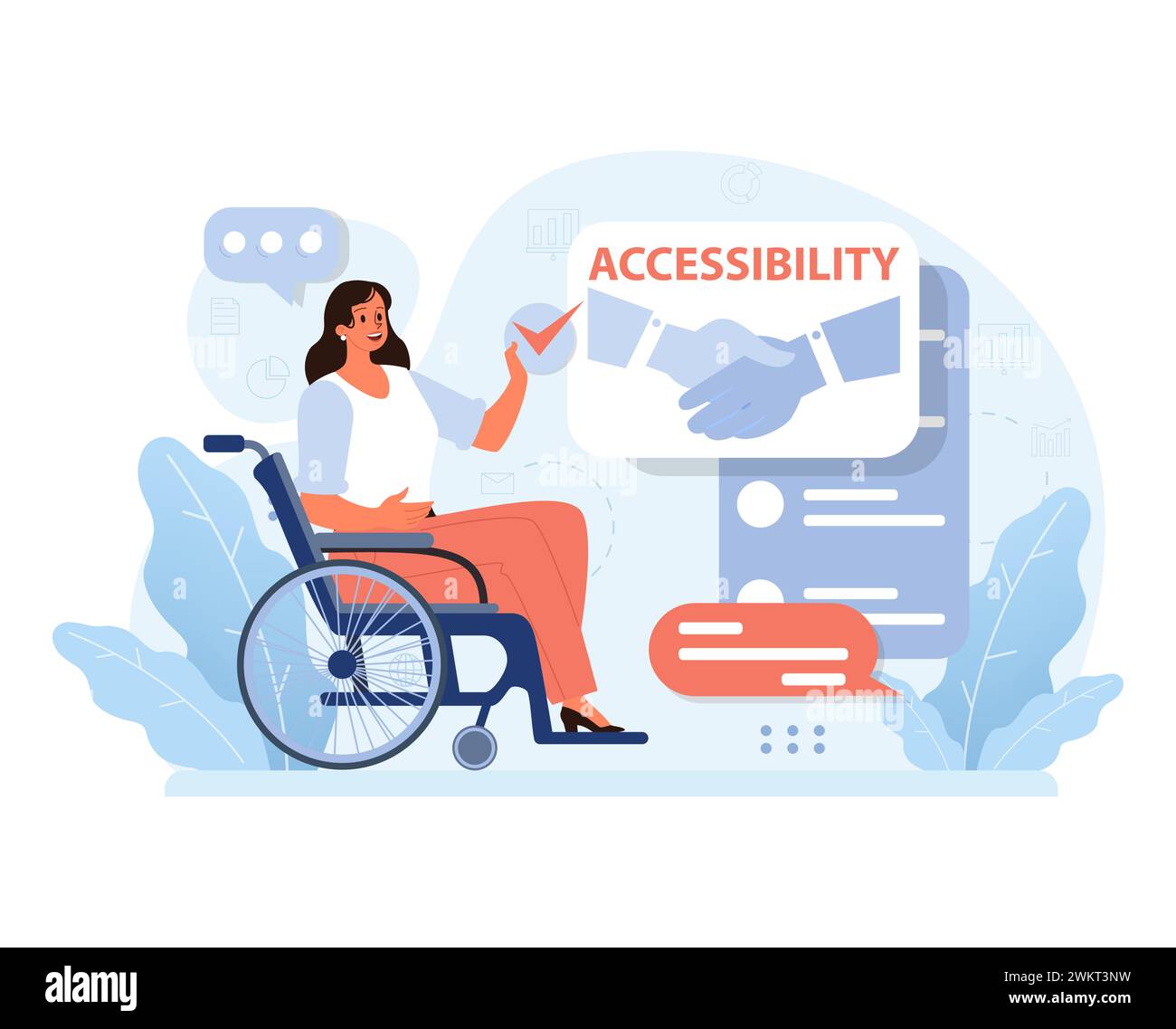 Inclusive workplace focus on accessibility. Woman in wheelchair ...
