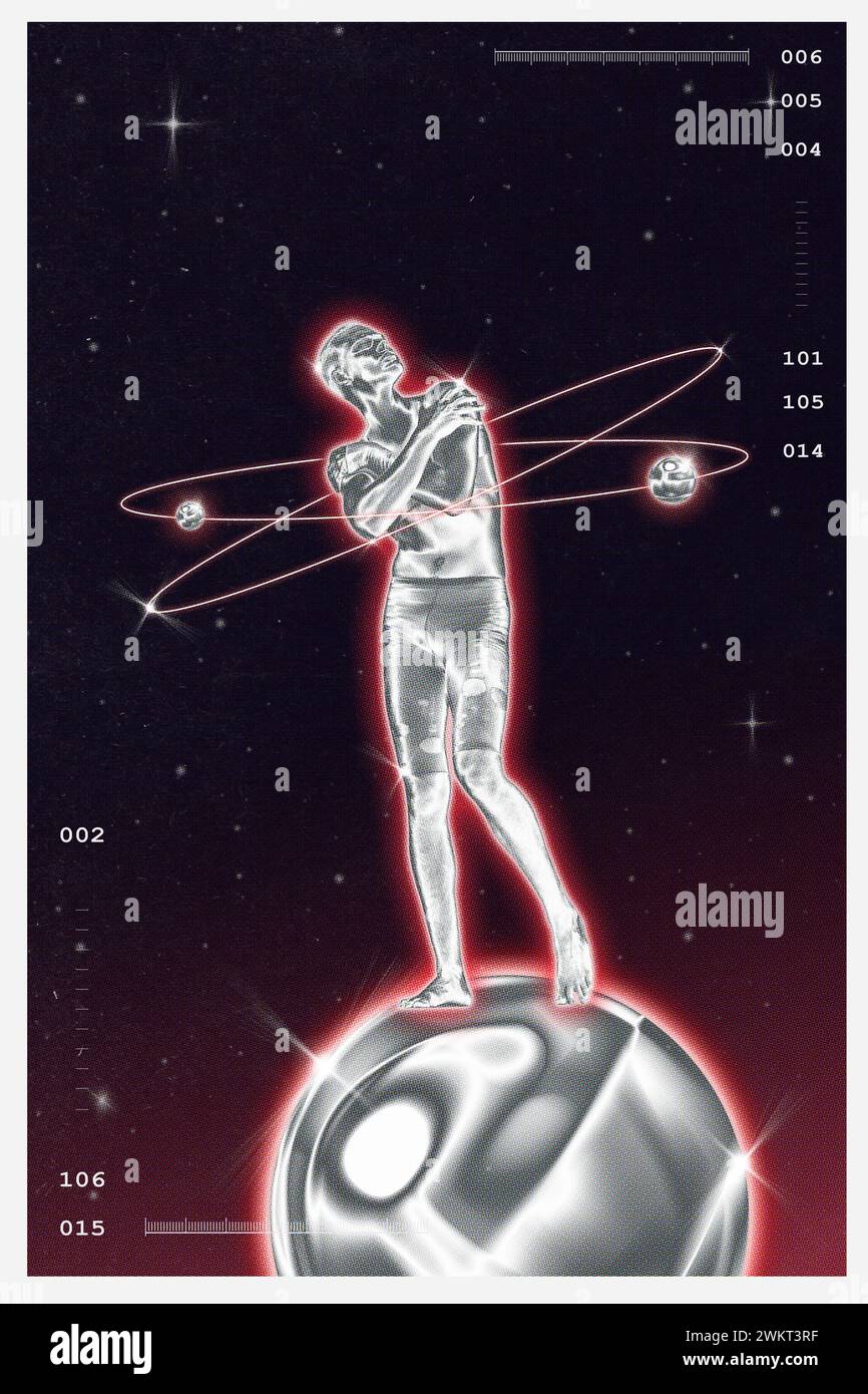 Poster. Contemporary art collage. Futurism art style. Human figure with ...