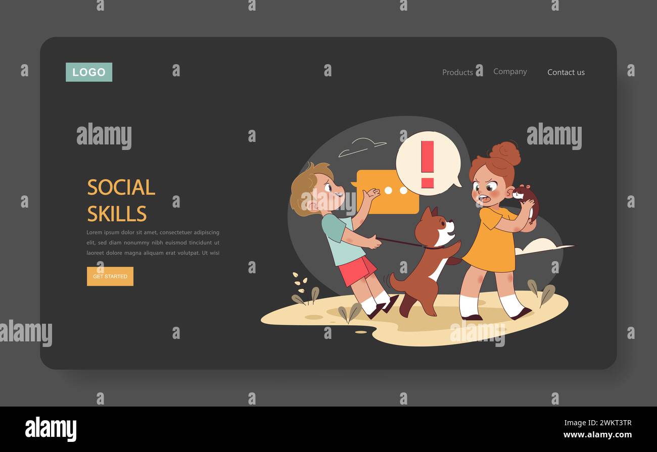 Social Skills dark or night mode web, landing. Children with pets learn ...