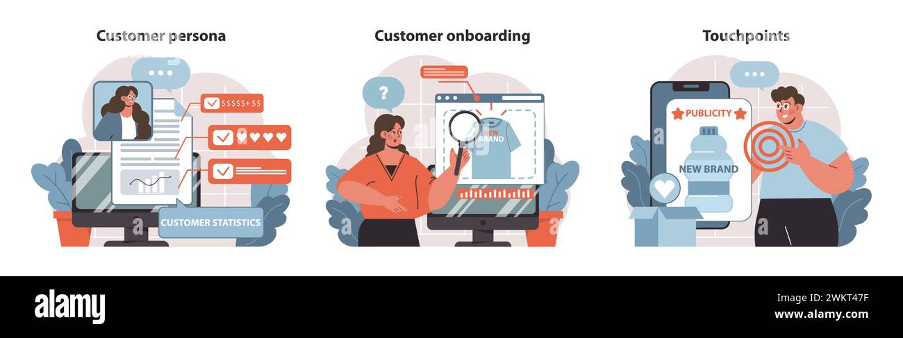Customer Journey set. Insightful illustrations on persona building, efficient onboarding, and ...