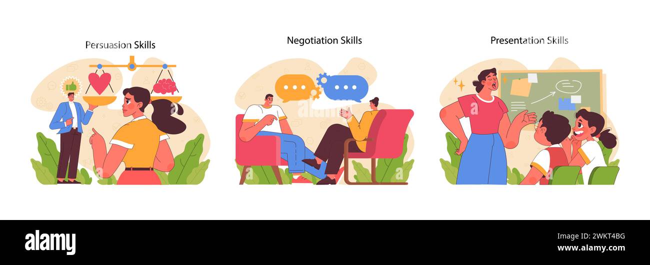 Persuasion, negotiation, and presentation skills concept. Influence, agreement forging, and ...