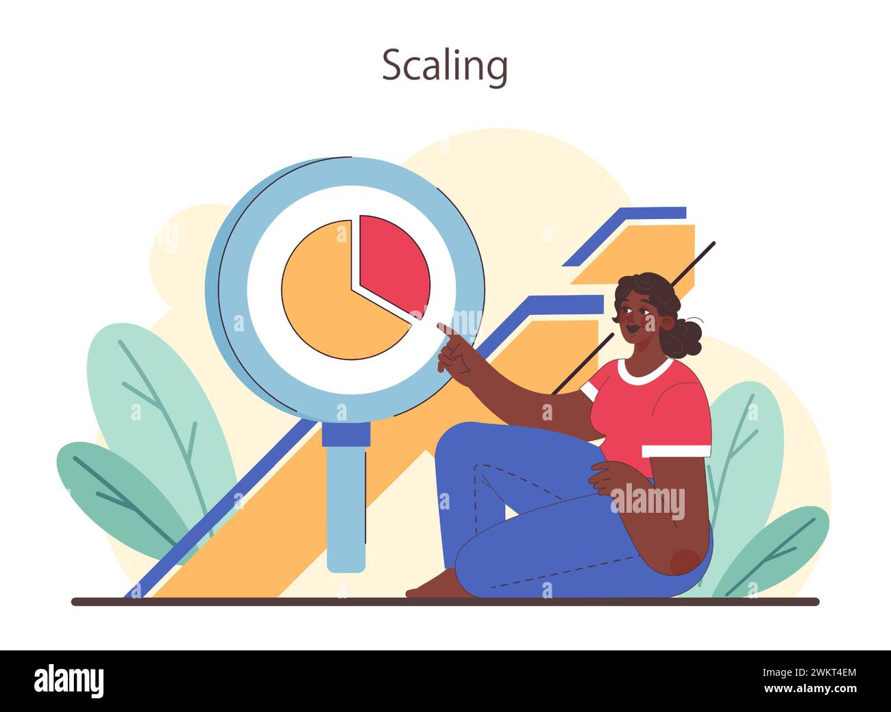 Scaling Concept Woman Analyzes Pie Chart Growth Business Performance
