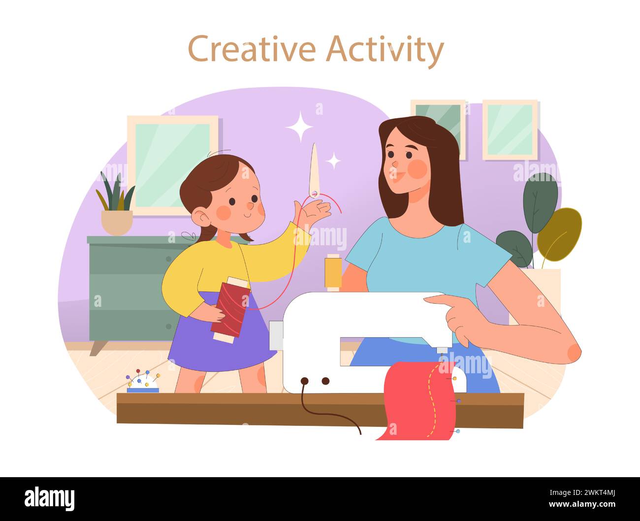 Family Hobbies concept. Heartfelt moments of a child learning to sew ...