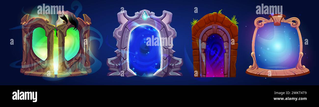 Game fantastic door with magic portal. Cartoon vector illustration set ...