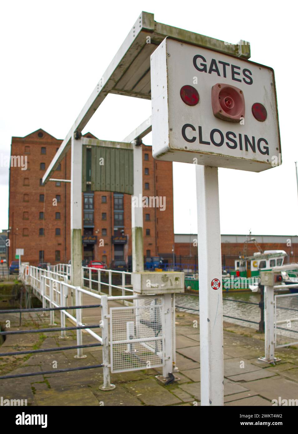 Pedestrian crossings at the Lock Gates at the Marina in Hull with ...